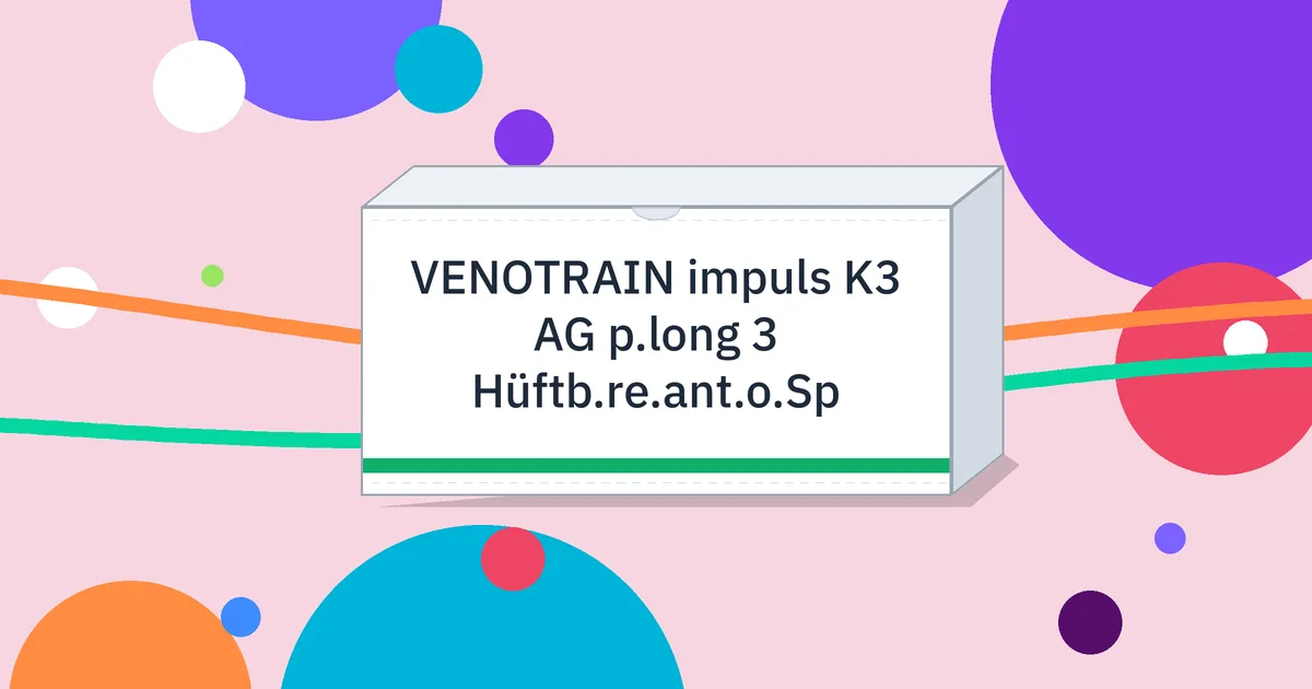 Symbolbild: Packung mit der Aufschrift VENOTRAIN impuls K3 AG p.long 3 Hüftb.re.ant.o.Sp (PZN 15218644) – Verfügbarkeit und Bezug in Apotheken in Frankfurt am Main