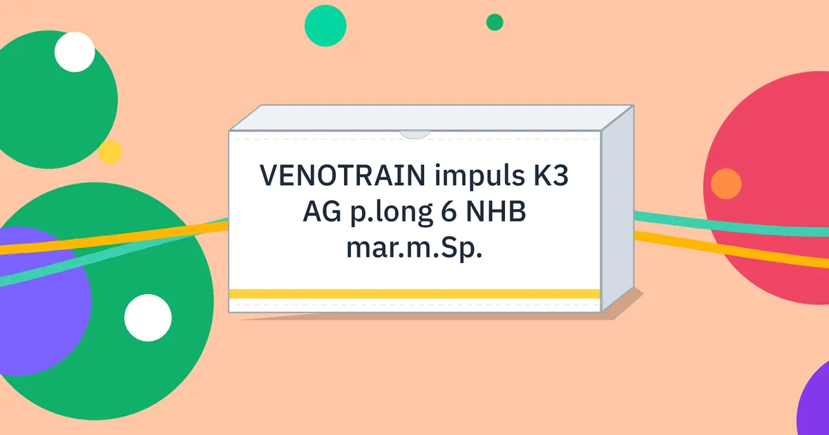Symbolbild: Packung mit der Aufschrift VENOTRAIN impuls K3 AG p.long 6 NHB mar.m.Sp. (PZN 15215485) – Verfügbarkeit und Bezug in Apotheken in Frankfurt am Main