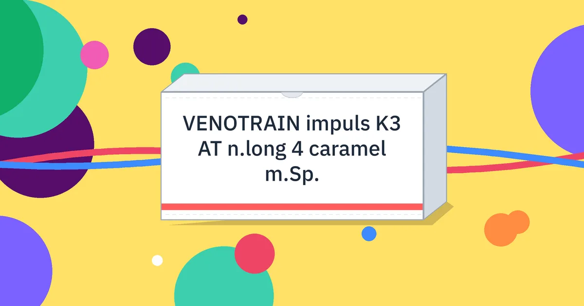 Symbolbild: Packung mit der Aufschrift VENOTRAIN impuls K3 AT n.long 4 caramel m.Sp. (PZN 19354976) – Verfügbarkeit und Bezug in Apotheken in Frankfurt am Main