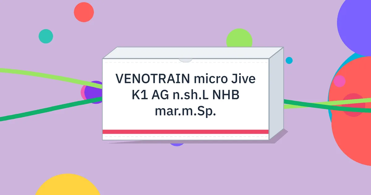 Symbolbild: Packung mit der Aufschrift VENOTRAIN micro Jive K1 AG n.sh.L NHB mar.m.Sp. (PZN 17767243) – Verfügbarkeit und Bezug in Apotheken in Frankfurt am Main