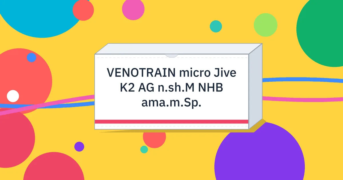 Symbolbild: Packung mit der Aufschrift VENOTRAIN micro Jive K2 AG n.sh.M NHB ama.m.Sp. (PZN 17765103) – Verfügbarkeit und Bezug in Apotheken in Frankfurt am Main