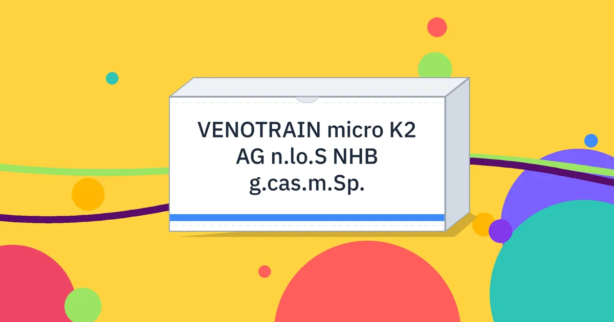 Symbolbild: Packung mit der Aufschrift VENOTRAIN micro K2 AG n.lo.S NHB g.cas.m.Sp. (PZN 20759253) – Verfügbarkeit und Bezug in Apotheken in Frankfurt am Main