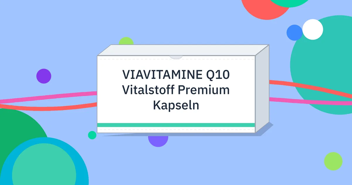 Symbolbild: Packung mit der Aufschrift VIAVITAMINE Q10 Vitalstoff Premium Kapseln (PZN 16802724) – Verfügbarkeit und Bezug in Apotheken in Frankfurt am Main