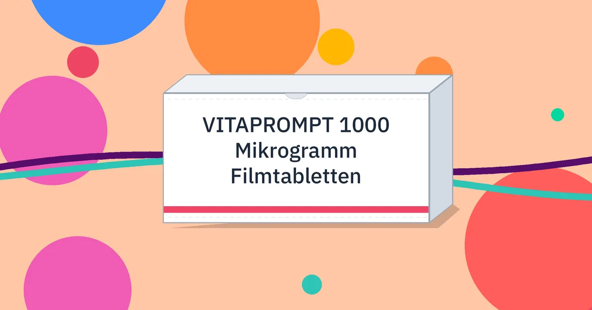 Symbolbild: Packung mit der Aufschrift VITAPROMPT 1000 Mikrogramm Filmtabletten (PZN 18299927) – Verfügbarkeit und Bezug in Apotheken in Frankfurt am Main