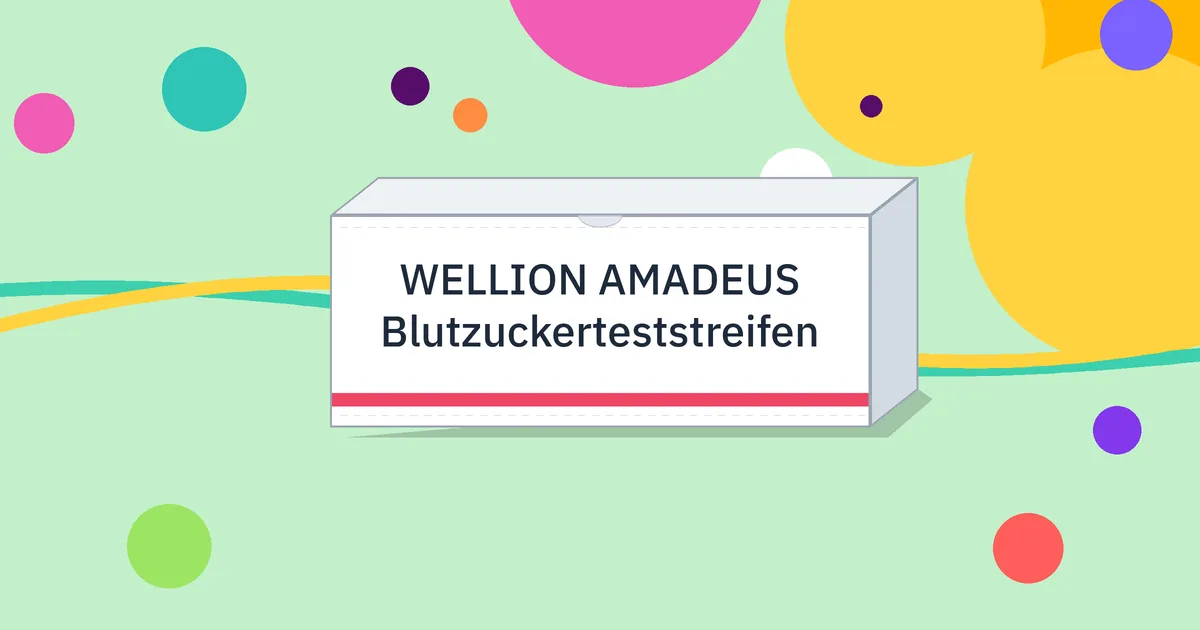 Symbolbild: Packung mit der Aufschrift WELLION AMADEUS Blutzuckerteststreifen (PZN 19776499) – Verfügbarkeit und Bezug in Apotheken in Frankfurt am Main