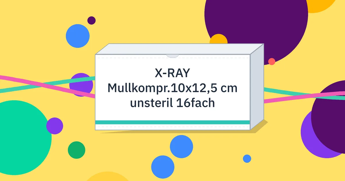 Symbolbild: Packung mit der Aufschrift X-RAY Mullkompr.10x12,5 cm unsteril 16fach (PZN 02477203) – Verfügbarkeit und Bezug in Apotheken in Frankfurt am Main