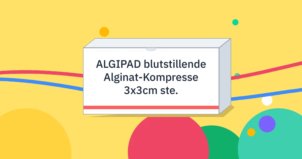 Symbolbild: Packung mit der Aufschrift ALGIPAD blutstillende Alginat-Kompresse 3x3cm ste. (PZN 20111285) – Verfügbarkeit und Bezug in Apotheken in Frankfurt am Main