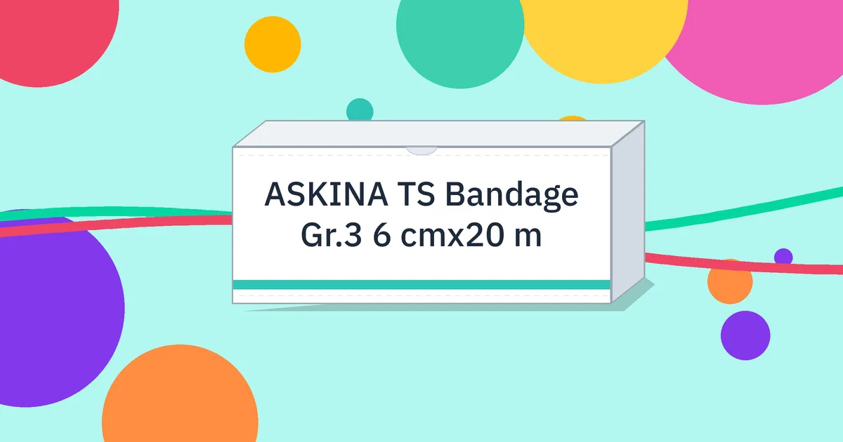 Symbolbild: Packung mit der Aufschrift ASKINA TS Bandage Gr.3 6 cmx20 m (PZN 06874817) – Verfügbarkeit und Bezug in Apotheken in Frankfurt am Main