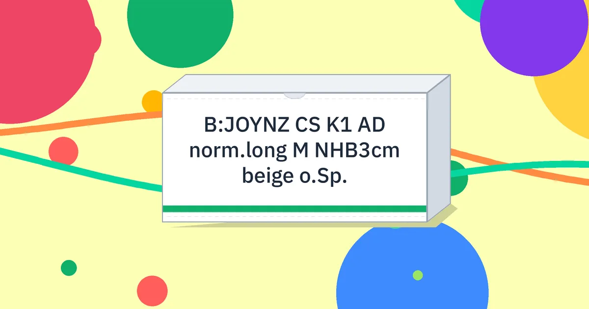 Symbolbild: Packung mit der Aufschrift B:JOYNZ CS K1 AD norm.long M NHB3cm beige o.Sp. (PZN 20526454) – Verfügbarkeit und Bezug in Apotheken in Frankfurt am Main