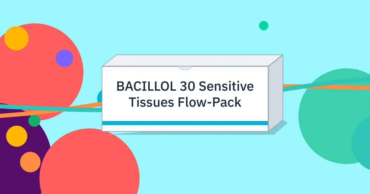 Symbolbild: Packung mit der Aufschrift BACILLOL 30 Sensitive Tissues Flow-Pack (PZN 16401480) – Verfügbarkeit und Bezug in Apotheken in Frankfurt am Main