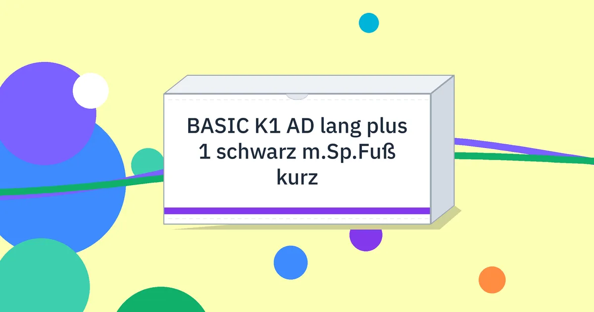 Symbolbild: Packung mit der Aufschrift BASIC K1 AD lang plus 1 schwarz m.Sp.Fuß kurz (PZN 20256894) – Verfügbarkeit und Bezug in Apotheken in Frankfurt am Main