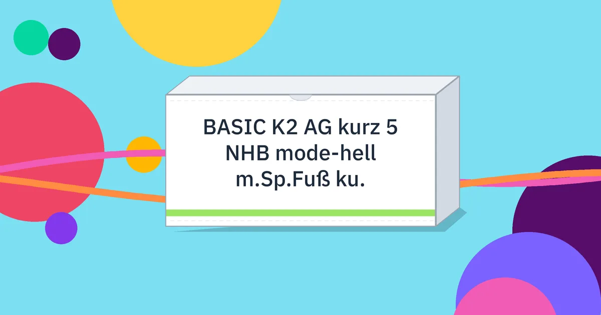 Symbolbild: Packung mit der Aufschrift BASIC K2 AG kurz 5 NHB mode-hell m.Sp.Fuß ku. (PZN 20268006) – Verfügbarkeit und Bezug in Apotheken in Frankfurt am Main