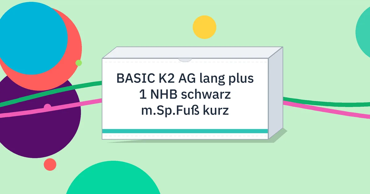 Symbolbild: Packung mit der Aufschrift BASIC K2 AG lang plus 1 NHB schwarz m.Sp.Fuß kurz (PZN 20266119) – Verfügbarkeit und Bezug in Apotheken in Frankfurt am Main