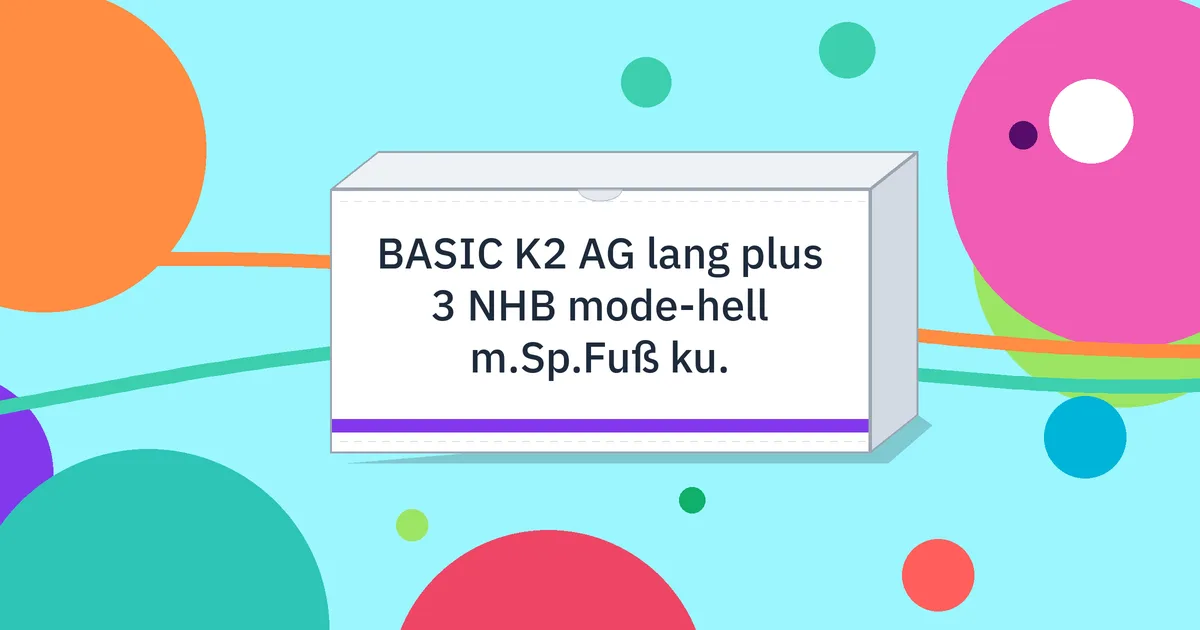 Symbolbild: Packung mit der Aufschrift BASIC K2 AG lang plus 3 NHB mode-hell m.Sp.Fuß ku. (PZN 20267165) – Verfügbarkeit und Bezug in Apotheken in Frankfurt am Main