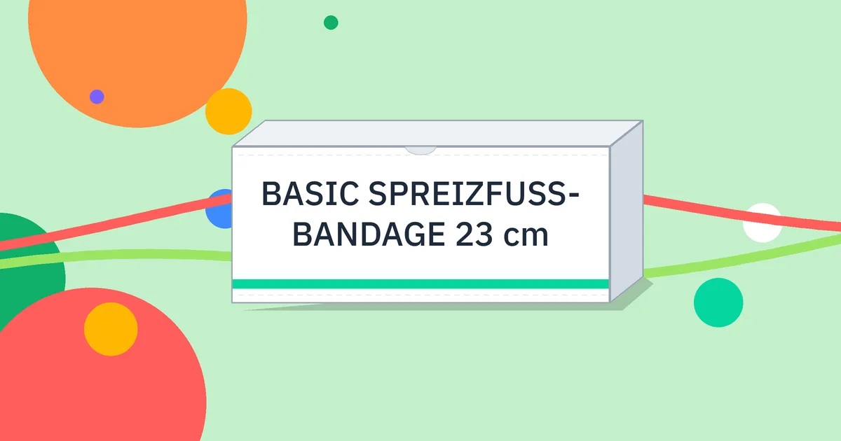 Symbolbild: Packung mit der Aufschrift BASIC SPREIZFUSS-BANDAGE 23 cm (PZN 15381060) – Verfügbarkeit und Bezug in Apotheken in Frankfurt am Main