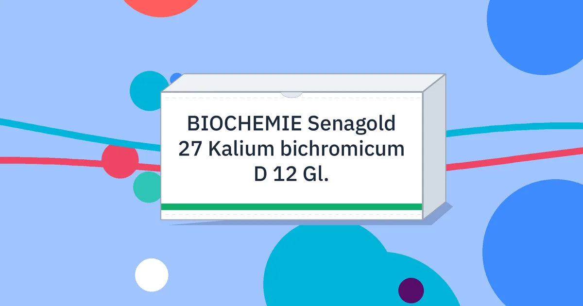 Symbolbild: Packung mit der Aufschrift BIOCHEMIE Senagold 27 Kalium bichromicum D 12 Gl. (PZN 09215110) – Verfügbarkeit und Bezug in Apotheken in Frankfurt am Main