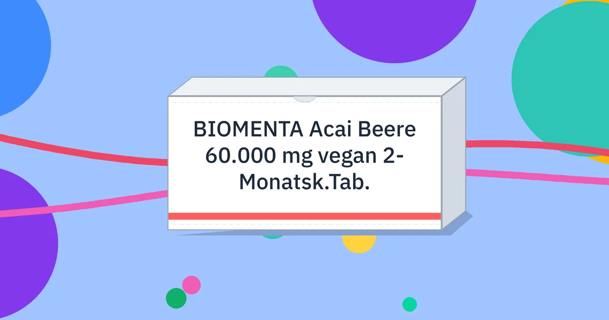 Symbolbild: Packung mit der Aufschrift BIOMENTA Acai Beere 60.000 mg vegan 2-Monatsk.Tab. (PZN 16033208) – Verfügbarkeit und Bezug in Apotheken in Frankfurt am Main