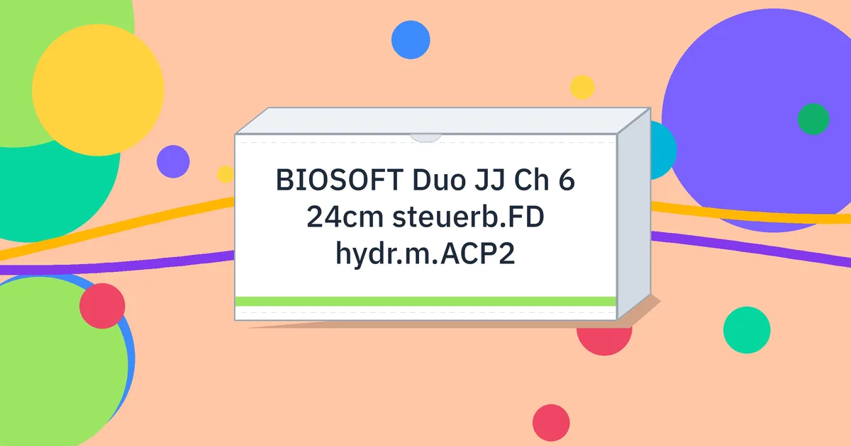 Symbolbild: Packung mit der Aufschrift BIOSOFT Duo JJ Ch 6 24cm steuerb.FD hydr.m.ACP2 (PZN 17509914) – Verfügbarkeit und Bezug in Apotheken in Frankfurt am Main