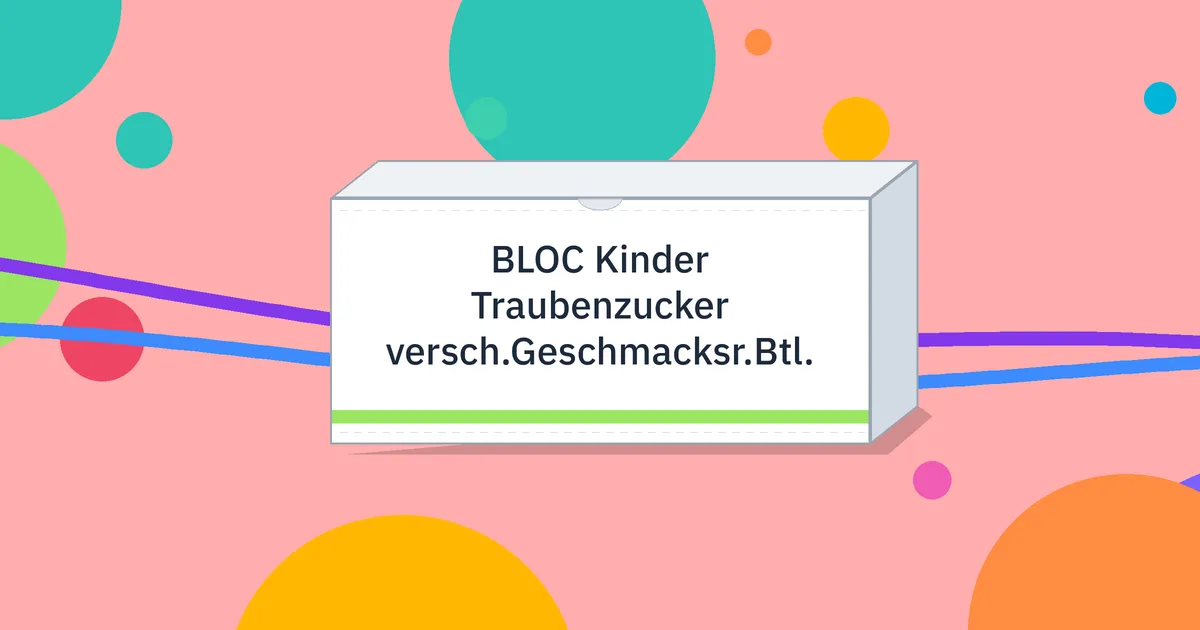 Symbolbild: Packung mit der Aufschrift BLOC Kinder Traubenzucker versch.Geschmacksr.Btl. (PZN 07555669) – Verfügbarkeit und Bezug in Apotheken in Frankfurt am Main