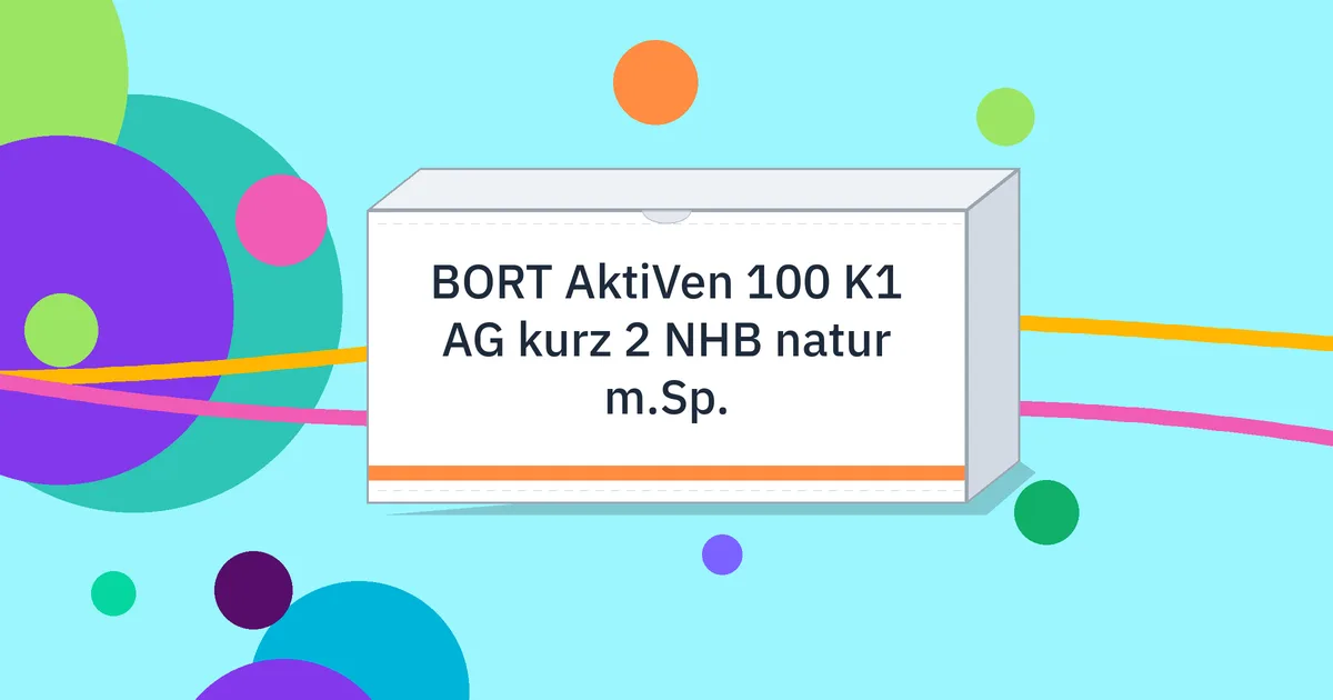 Symbolbild: Packung mit der Aufschrift BORT AktiVen 100 K1 AG kurz 2 NHB natur m.Sp. (PZN 13729889) – Verfügbarkeit und Bezug in Apotheken in Frankfurt am Main