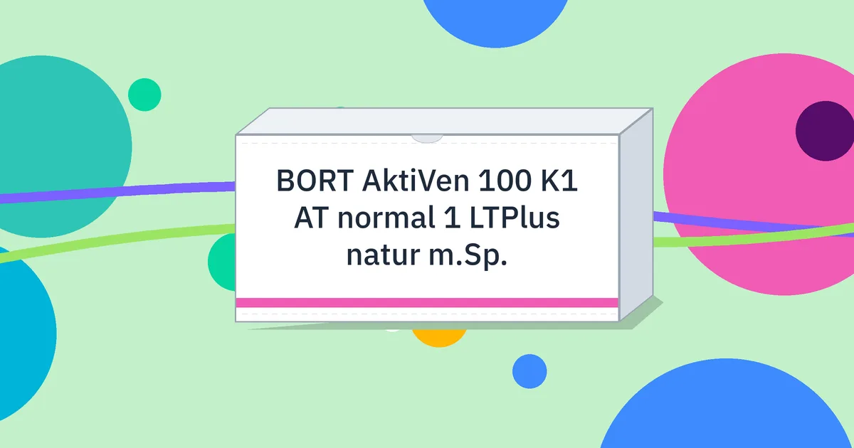 Symbolbild: Packung mit der Aufschrift BORT AktiVen 100 K1 AT normal 1 LTPlus natur m.Sp. (PZN 18175504) – Verfügbarkeit und Bezug in Apotheken in Frankfurt am Main