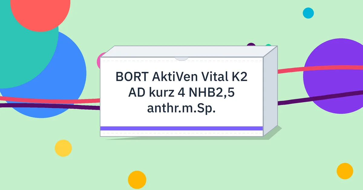Symbolbild: Packung mit der Aufschrift BORT AktiVen Vital K2 AD kurz 4 NHB2,5 anthr.m.Sp. (PZN 17499848) – Verfügbarkeit und Bezug in Apotheken in Frankfurt am Main