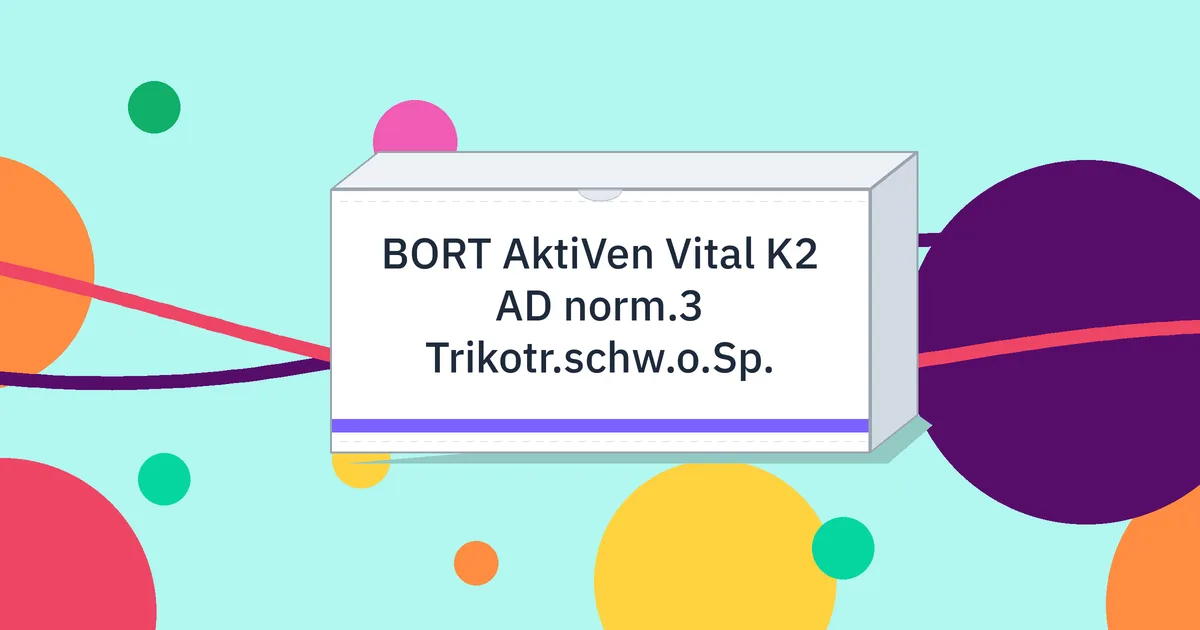 Symbolbild: Packung mit der Aufschrift BORT AktiVen Vital K2 AD norm.3 Trikotr.schw.o.Sp. (PZN 12549582) – Verfügbarkeit und Bezug in Apotheken in Frankfurt am Main