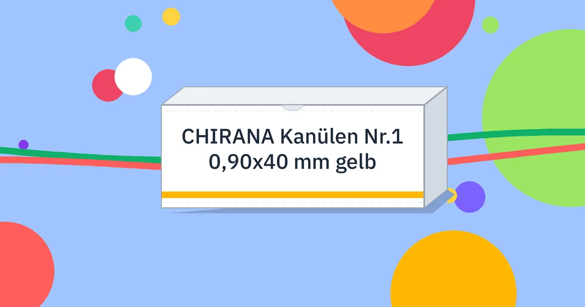 Symbolbild: Packung mit der Aufschrift CHIRANA Kanülen Nr.1 0,90x40 mm gelb (PZN 11608986) – Verfügbarkeit und Bezug in Apotheken in Frankfurt am Main