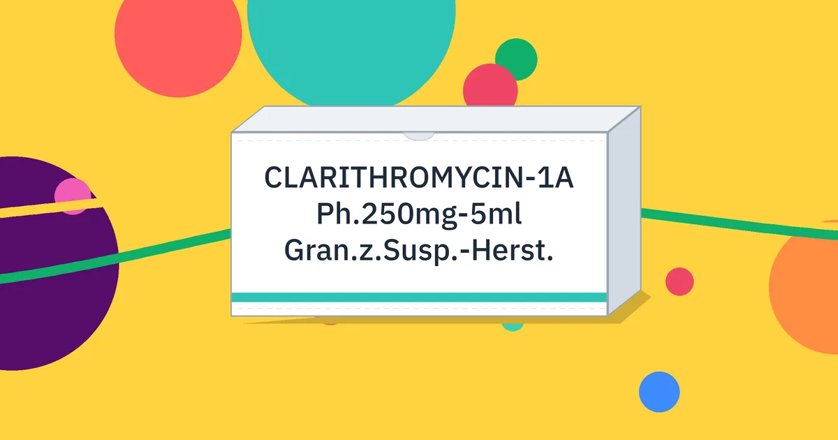 Symbolbild: Packung mit der Aufschrift CLARITHROMYCIN-1A Ph.250mg-5ml Gran.z.Susp.-Herst. (PZN 04332466) – Verfügbarkeit und Bezug in Apotheken in Frankfurt am Main