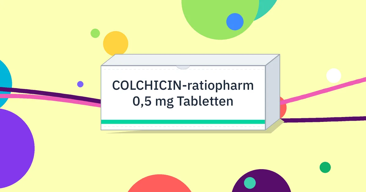 Symbolbild: Packung mit der Aufschrift COLCHICIN-ratiopharm 0,5 mg Tabletten (PZN 18886487) – Verfügbarkeit und Bezug in Apotheken in Frankfurt am Main