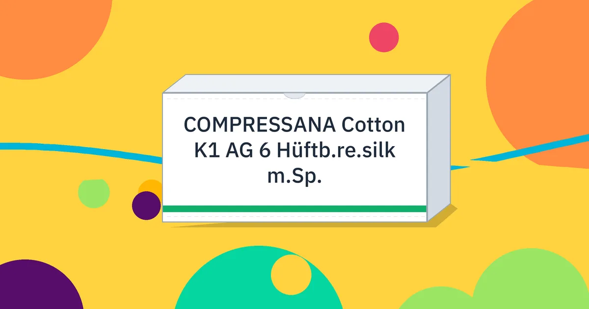 Symbolbild: Packung mit der Aufschrift COMPRESSANA Cotton K1 AG 6 Hüftb.re.silk m.Sp. (PZN 12980937) – Verfügbarkeit und Bezug in Apotheken in Frankfurt am Main