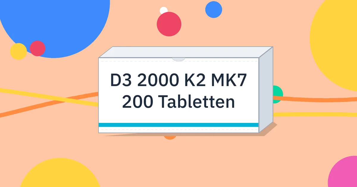 Symbolbild: Packung mit der Aufschrift D3 2000 K2 MK7 200 Tabletten (PZN 16044063) – Verfügbarkeit und Bezug in Apotheken in Frankfurt am Main