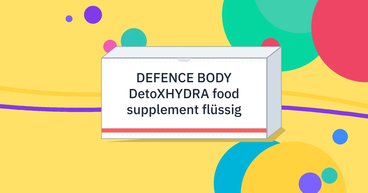 Symbolbild: Packung mit der Aufschrift DEFENCE BODY DetoXHYDRA food supplement flüssig (PZN 11892266) – Verfügbarkeit und Bezug in Apotheken in Frankfurt am Main