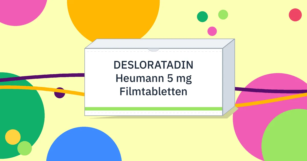 Symbolbild: Packung mit der Aufschrift DESLORATADIN Heumann 5 mg Filmtabletten (PZN 16938180) – Verfügbarkeit und Bezug in Apotheken in Frankfurt am Main
