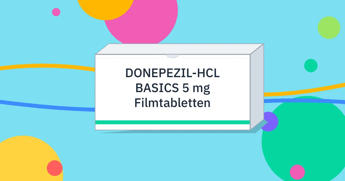 Symbolbild: Packung mit der Aufschrift DONEPEZIL-HCL BASICS 5 mg Filmtabletten (PZN 08845292) – Verfügbarkeit und Bezug in Apotheken in Frankfurt am Main