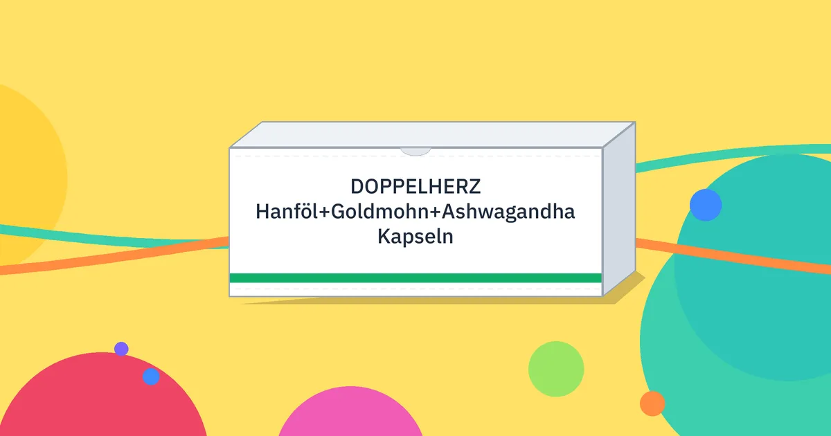 Symbolbild: Packung mit der Aufschrift DOPPELHERZ Hanföl+Goldmohn+Ashwagandha Kapseln (PZN 18658409) – Verfügbarkeit und Bezug in Apotheken in Frankfurt am Main