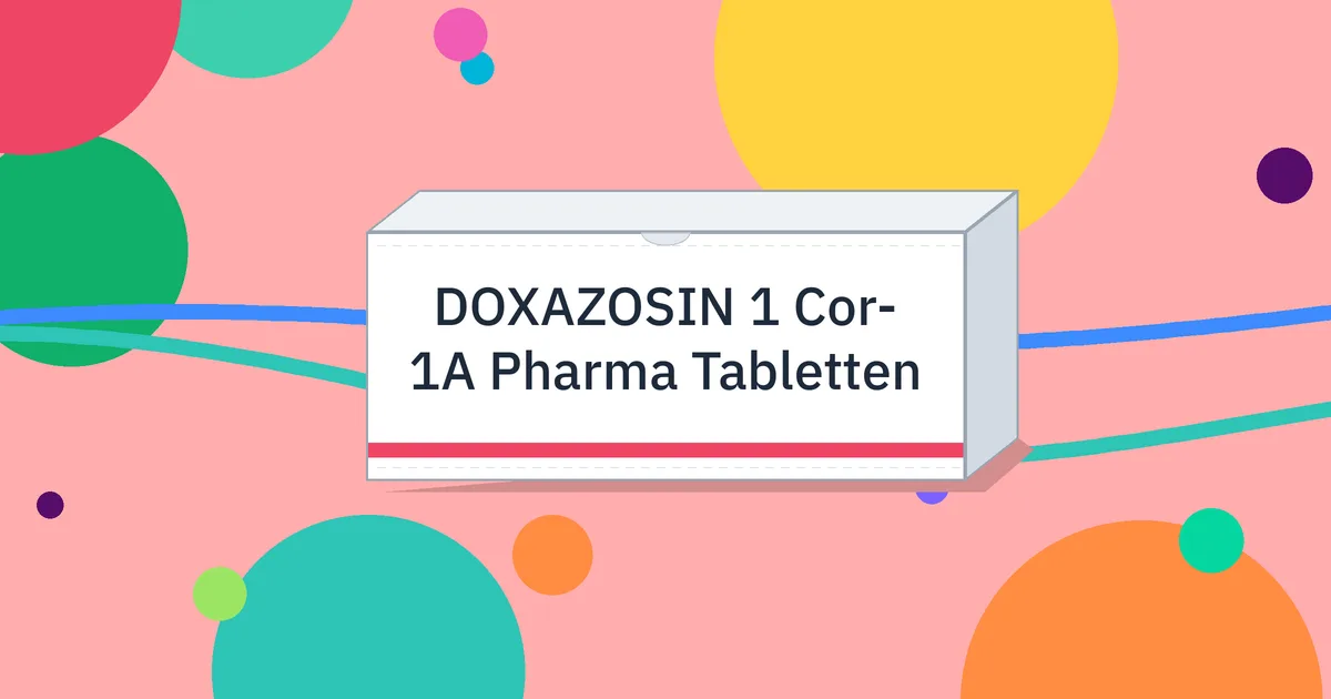 Symbolbild: Packung mit der Aufschrift DOXAZOSIN 1 Cor-1A Pharma Tabletten (PZN 02208733) – Verfügbarkeit und Bezug in Apotheken in Frankfurt am Main