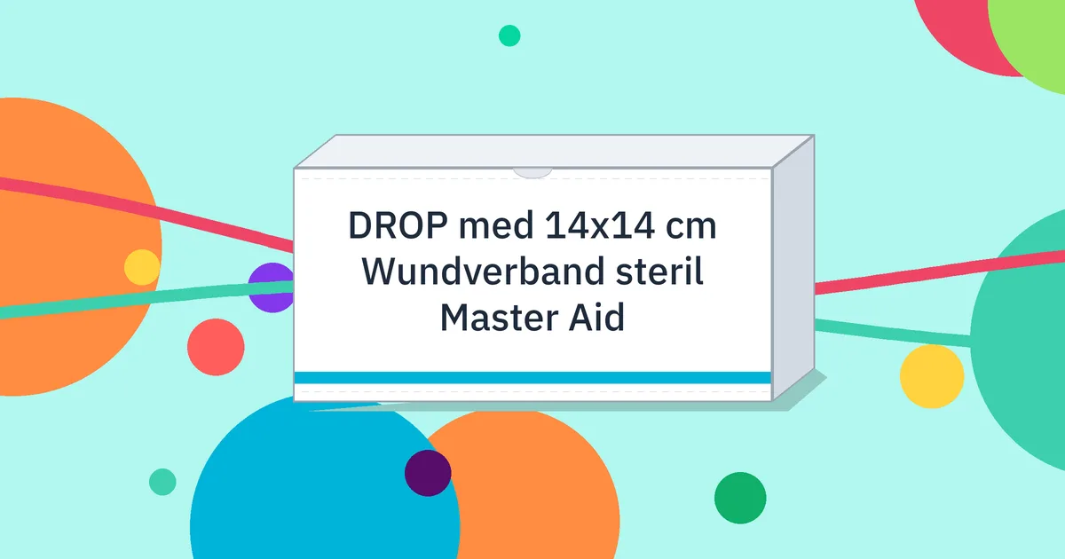 Symbolbild: Packung mit der Aufschrift DROP med 14x14 cm Wundverband steril Master Aid (PZN 20111931) – Verfügbarkeit und Bezug in Apotheken in Frankfurt am Main