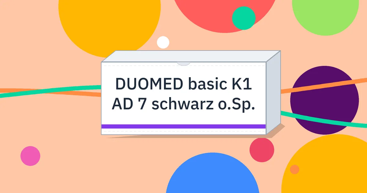 Symbolbild: Packung mit der Aufschrift DUOMED basic K1 AD 7 schwarz o.Sp. (PZN 20903419) – Verfügbarkeit und Bezug in Apotheken in Frankfurt am Main