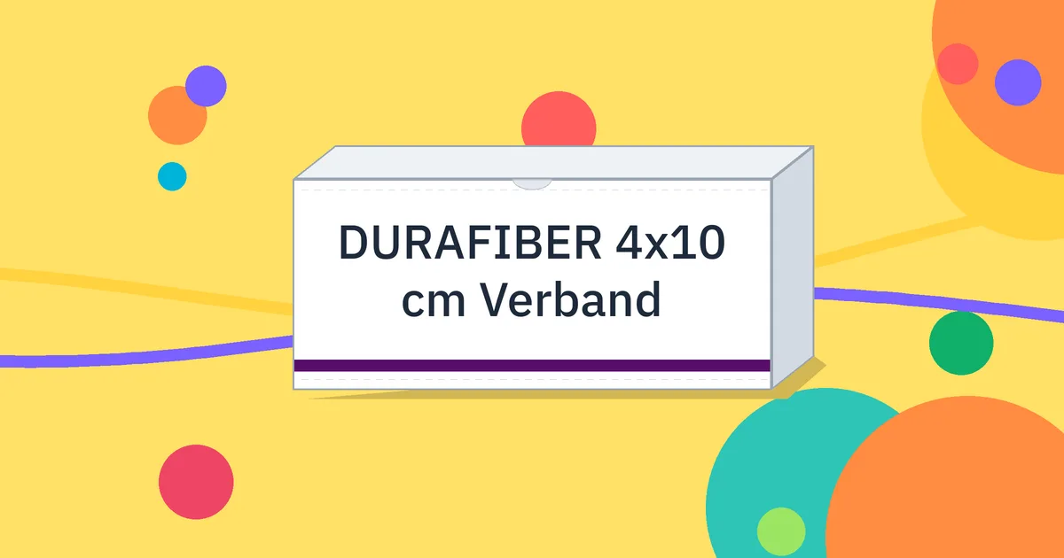 Symbolbild: Packung mit der Aufschrift DURAFIBER 4x10 cm Verband (PZN 03426024) – Verfügbarkeit und Bezug in Apotheken in Frankfurt am Main
