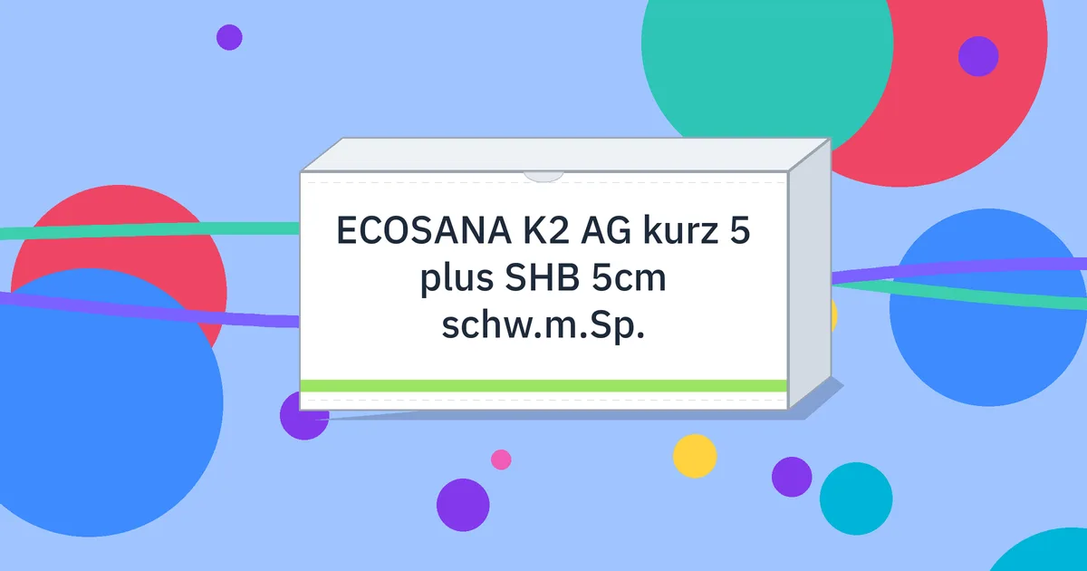 Symbolbild: Packung mit der Aufschrift ECOSANA K2 AG kurz 5 plus SHB 5cm schw.m.Sp. (PZN 01464003) – Verfügbarkeit und Bezug in Apotheken in Frankfurt am Main