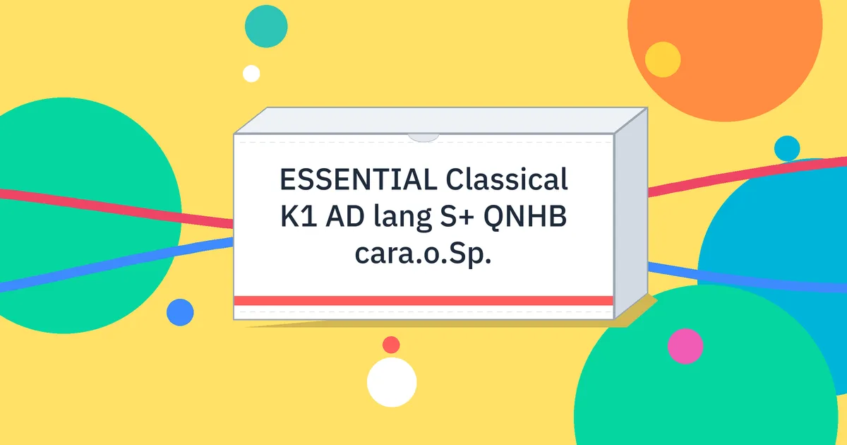 Symbolbild: Packung mit der Aufschrift ESSENTIAL Classical K1 AD lang S+ QNHB cara.o.Sp. (PZN 18866295) – Verfügbarkeit und Bezug in Apotheken in Frankfurt am Main
