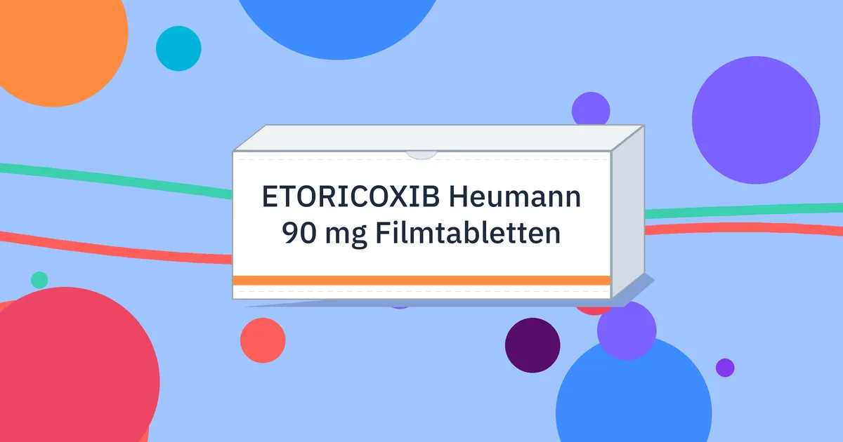 Symbolbild: Packung mit der Aufschrift ETORICOXIB Heumann 90 mg Filmtabletten (PZN 12545147) – Verfügbarkeit und Bezug in Apotheken in Frankfurt am Main