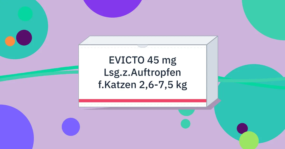 Symbolbild: Packung mit der Aufschrift EVICTO 45 mg Lsg.z.Auftropfen f.Katzen 2,6-7,5 kg (PZN 16348107) – Verfügbarkeit und Bezug in Apotheken in Frankfurt am Main