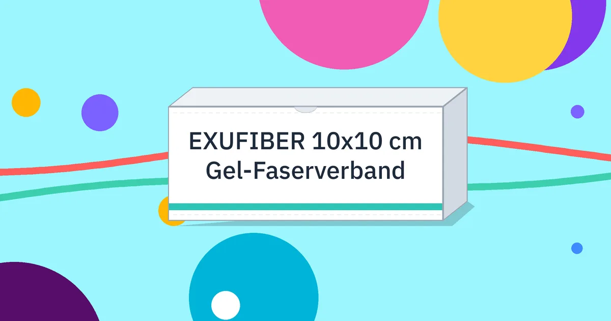 Symbolbild: Packung mit der Aufschrift EXUFIBER 10x10 cm Gel-Faserverband (PZN 16329400) – Verfügbarkeit und Bezug in Apotheken in Frankfurt am Main