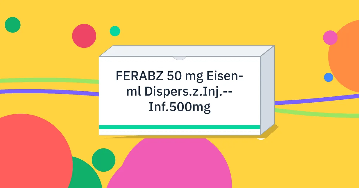 Symbolbild: Packung mit der Aufschrift FERABZ 50 mg Eisen-ml Dispers.z.Inj.--Inf.500mg (PZN 19128530) – Verfügbarkeit und Bezug in Apotheken in Frankfurt am Main