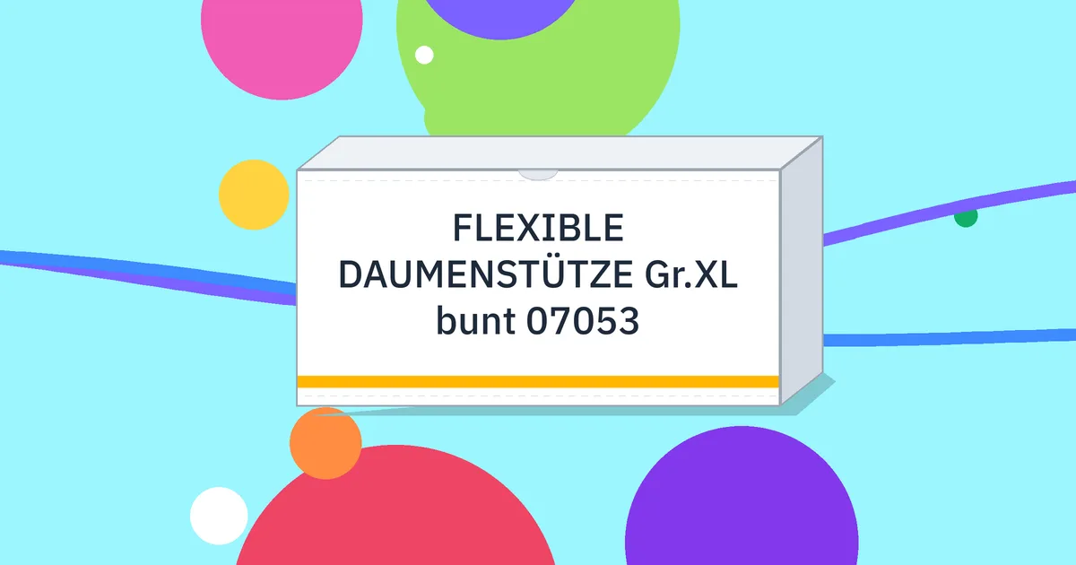 Symbolbild: Packung mit der Aufschrift FLEXIBLE DAUMENSTÜTZE Gr.XL bunt 07053 (PZN 08732582) – Verfügbarkeit und Bezug in Apotheken in Frankfurt am Main