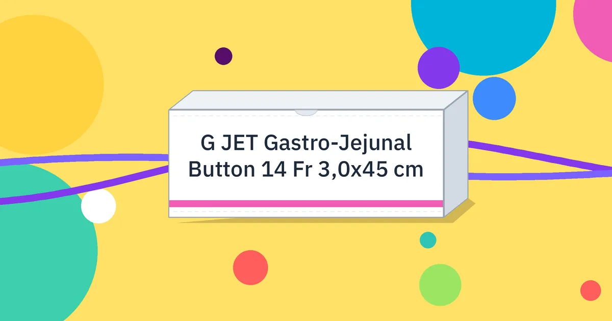 Symbolbild: Packung mit der Aufschrift G JET Gastro-Jejunal Button 14 Fr 3,0x45 cm (PZN 14346601) – Verfügbarkeit und Bezug in Apotheken in Frankfurt am Main
