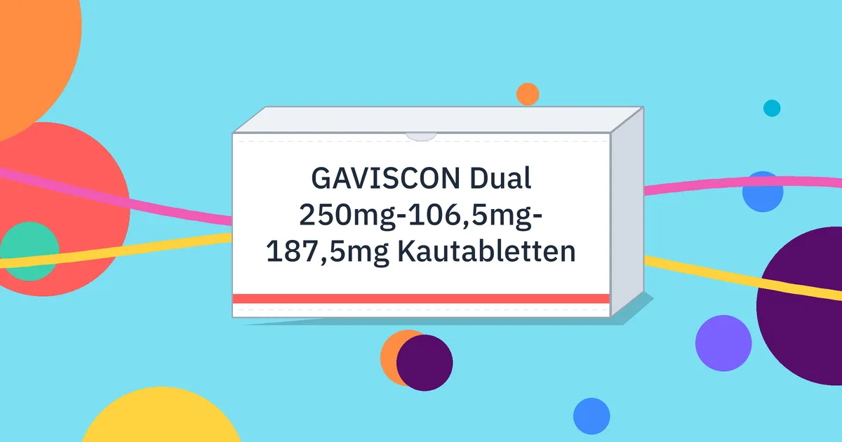 Symbolbild: Packung mit der Aufschrift GAVISCON Dual 250mg-106,5mg-187,5mg Kautabletten (PZN 11528394) – Verfügbarkeit und Bezug in Apotheken in Frankfurt am Main