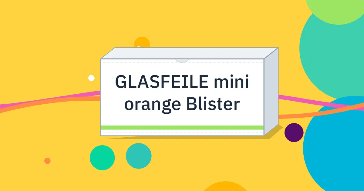 Symbolbild: Packung mit der Aufschrift GLASFEILE mini orange Blister (PZN 10350149) – Verfügbarkeit und Bezug in Apotheken in Frankfurt am Main